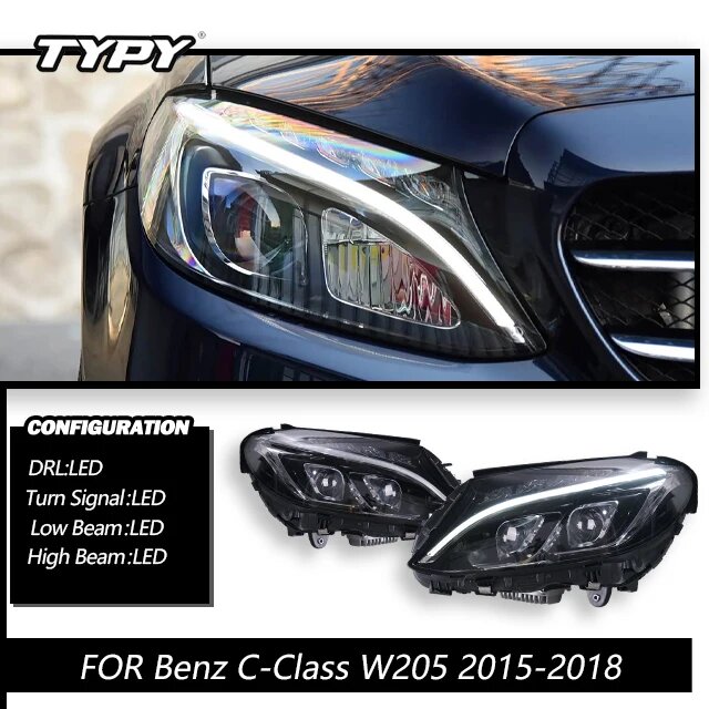 Фара TYPY для автомобиля Mercedes-Benz C-Class W205 2015-2018 год. Фара с LED-проектором, дневных ходовых огней. Автомобильные аксессуары