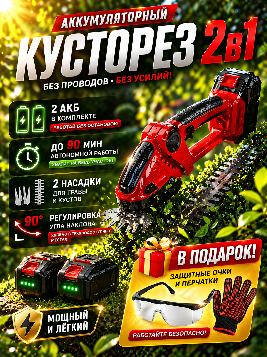 Кусторез садовый аккумуляторный, с двумя лезвиями, 2 аккумулятора 48 В, красный