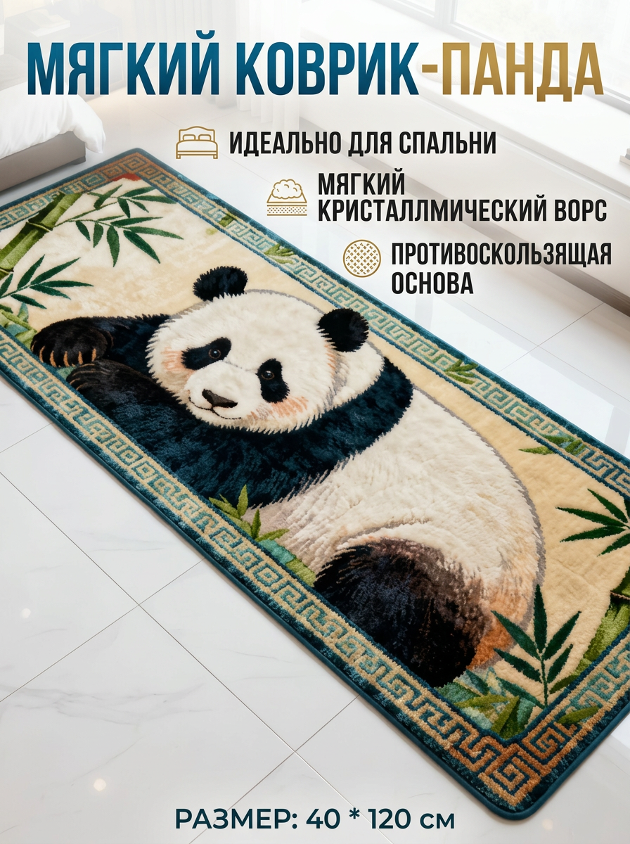 Ковер прикроватный панда 40x120 см мягкий велюровый коврик для спальни и детской бамбук антискользящий