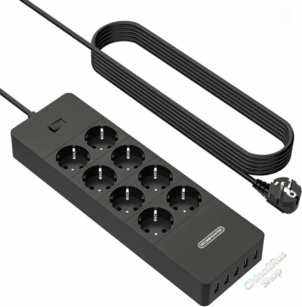 Сетевой фильтр с выключателем NTONPOWER 8 розеток 5 USB 3м 4000Вт, перегрузки заземление защита Для дома и офиса Возможность настенного монтажа