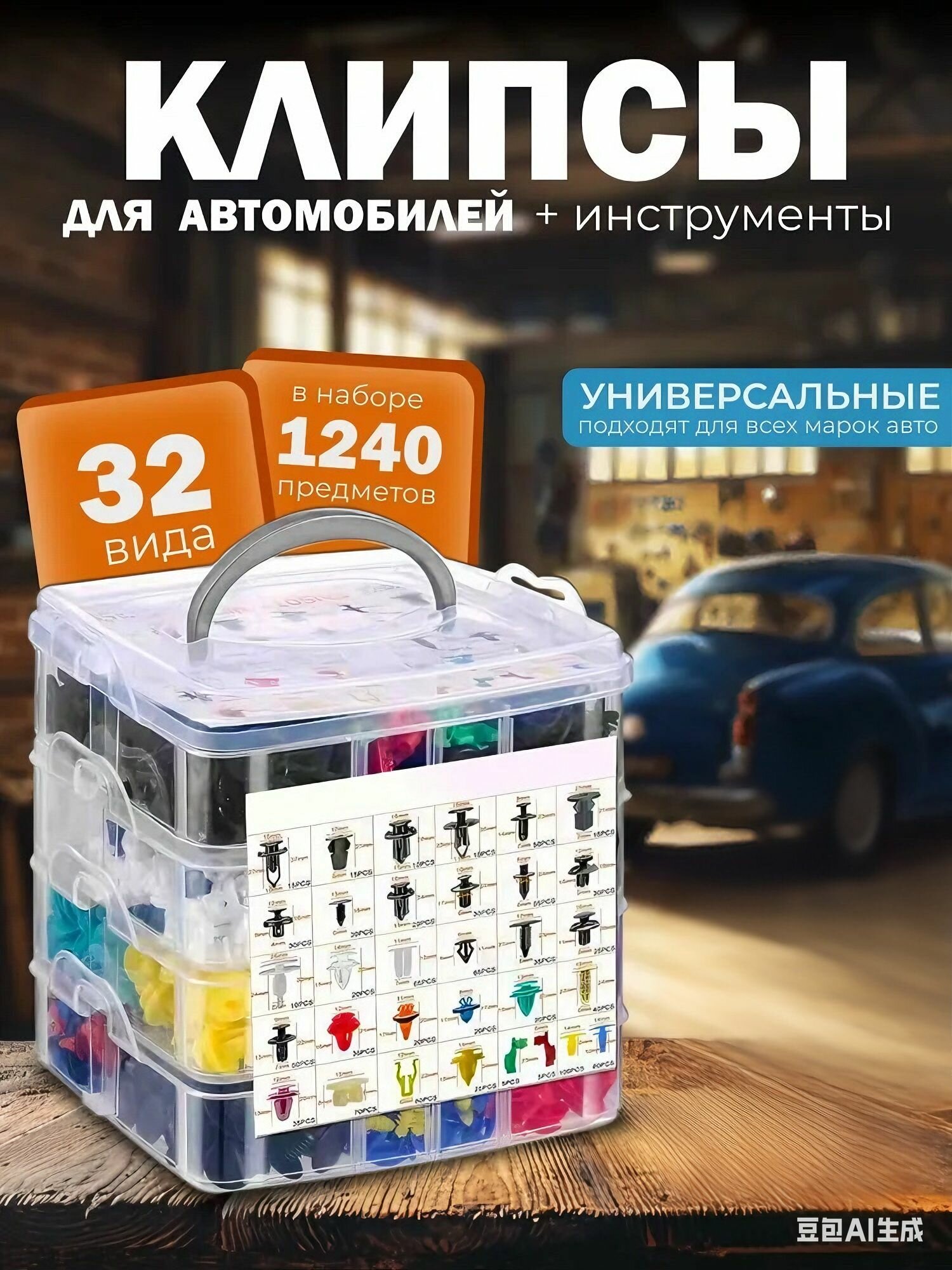 Набор автомобильных клипс 1240 шт — монтажный набор с инструментом, нетоксичный HDPE, подходит для >90% авто и мото