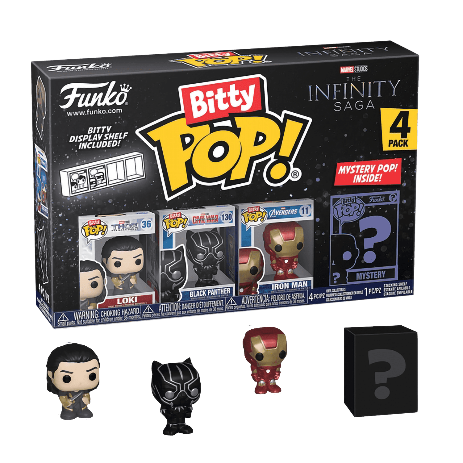 Набор фигурок Funko POP! Bitty The Infinity Saga 71506 Локи, Черная Пантера, Железный Человек, 4 шт (1 фигурка-сюрприз)