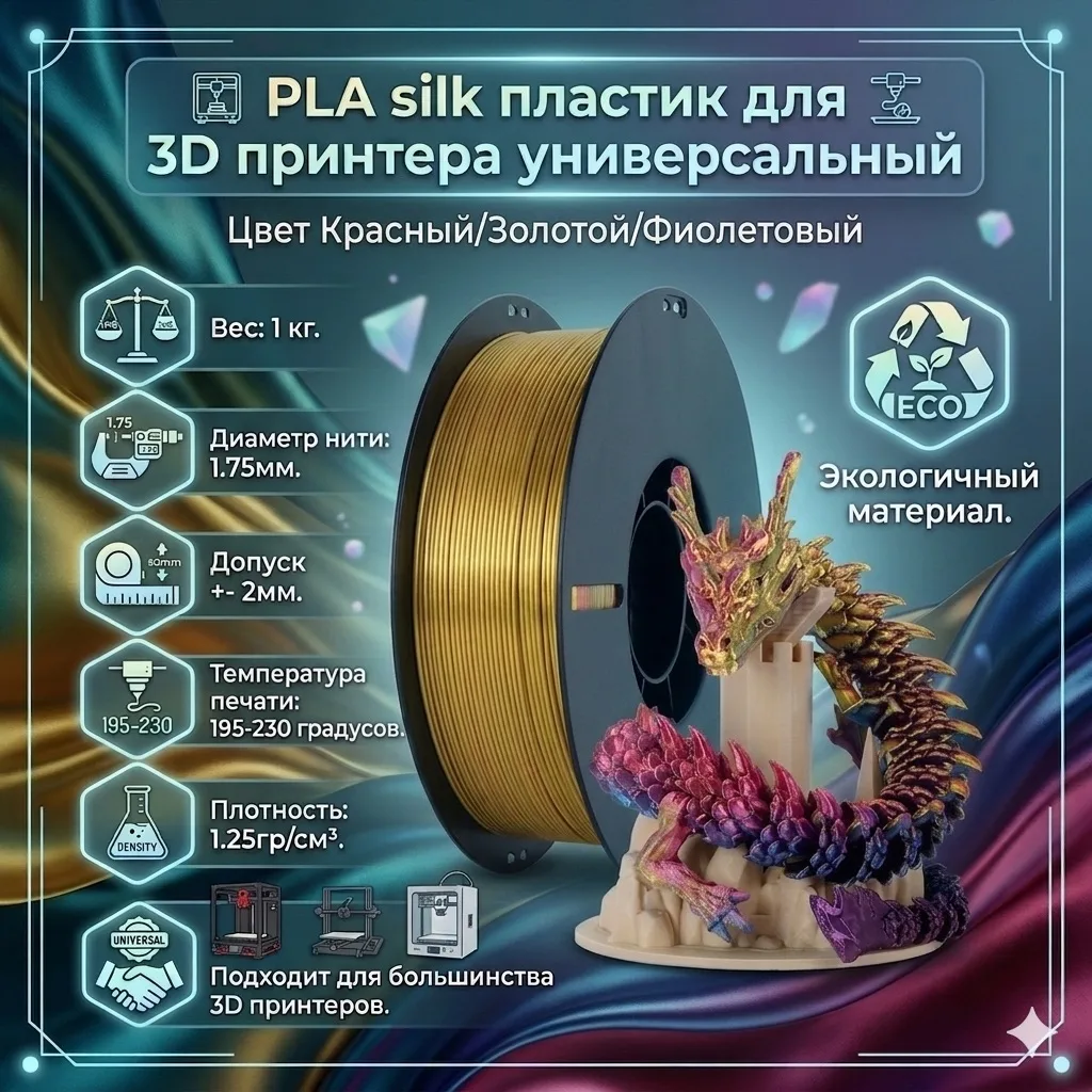 PLA Silk пластик для 3D принтера трехцветный красный/золотой/фиолетовый 1.75мм универсальный 1кг