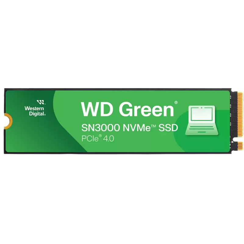 SSD WD Green SN3000, 1 ТБ, M.2 (22×80 мм), NVMe, PCIe 4.0 x4, QLC, R/W 5000/4200 МБ/с, TBW 150 ТБ, DWPD 0.1, WDS100T4G0E