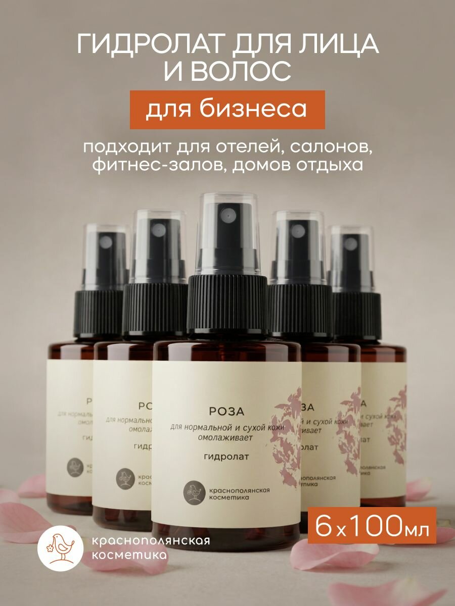 Краснополянская косметика Набор Спрей для тела и волос, гидролат для лица "Роза", для сухой кожи, розовая вода, для бизнесе, 100 мл, 6 шт. HoReCa