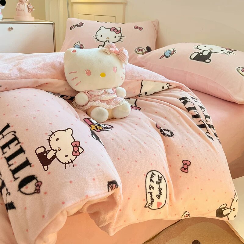 Зимний утолщенный флисовый комплект постельного белья Hello Kitty из молочного вельвета, односпальный, новинка 2025