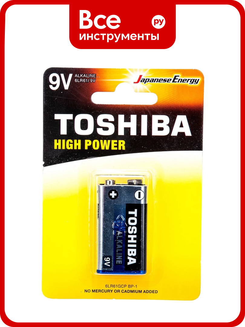 Алкалиновый элемент питания Toshiba 6LR61 крона типоразмер, щелочной состав, 9‑вольтное напряжение для электропитания