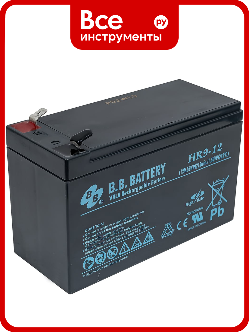 Аккумуляторная батарея BB Battery HR 9-12, 12 В, 9 Ач, AGM, прямой полярности, вес 2.75 кг, размеры