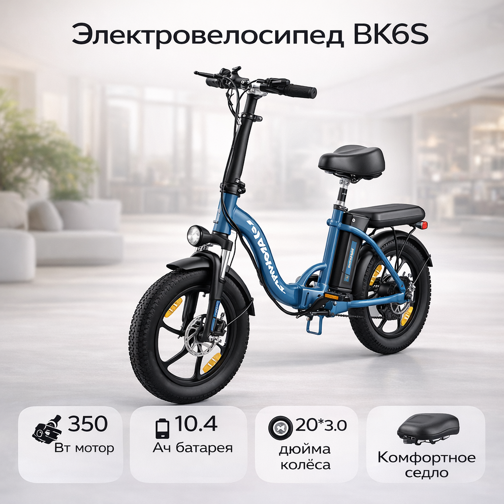 Электровелосипед ElectroD BK6S складной городской, 350W, 10.4Ah, колёса 20x3.0, синий