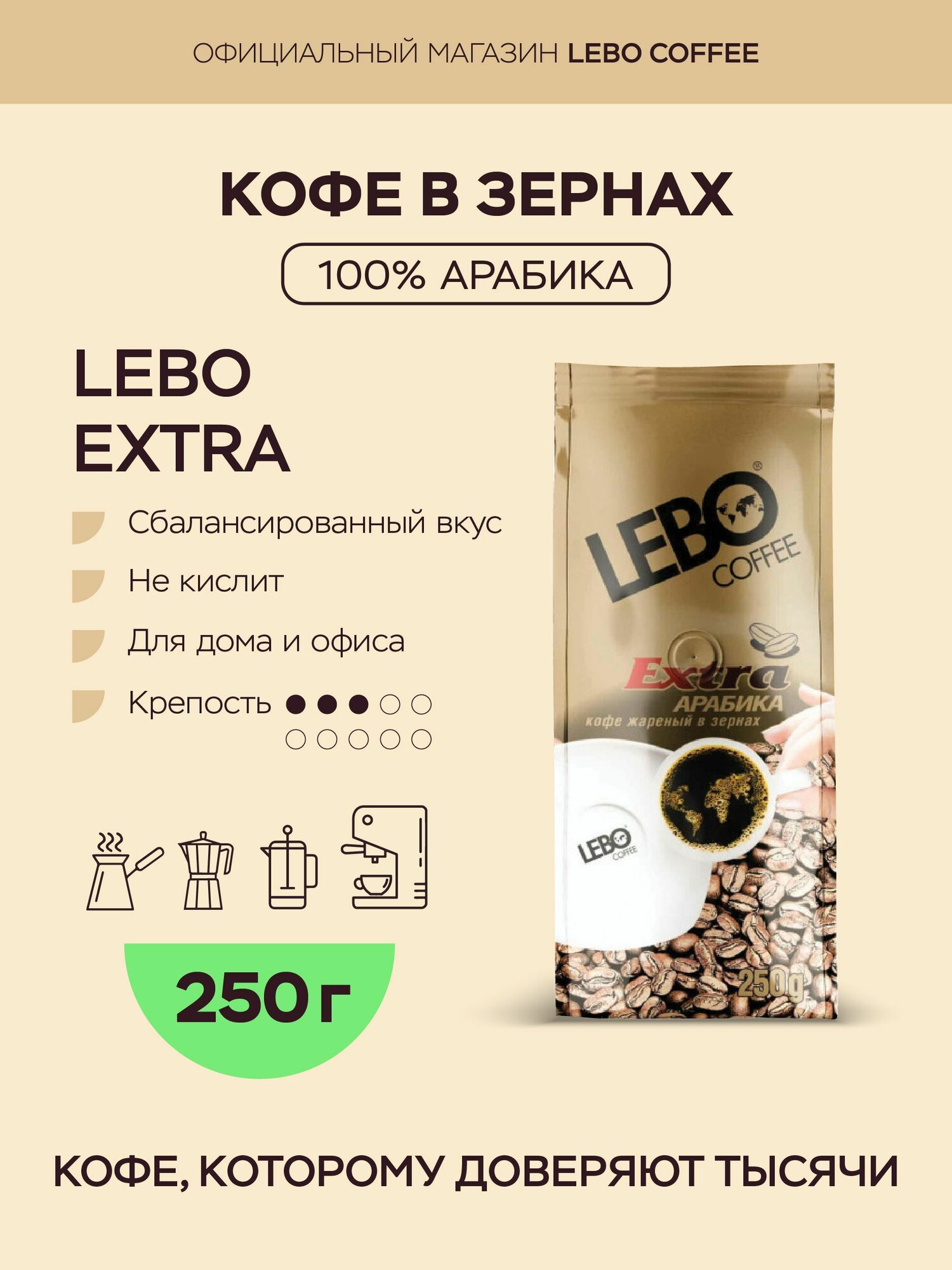 Кофе в зернах 250гр Lebo Extra, арабика 100%