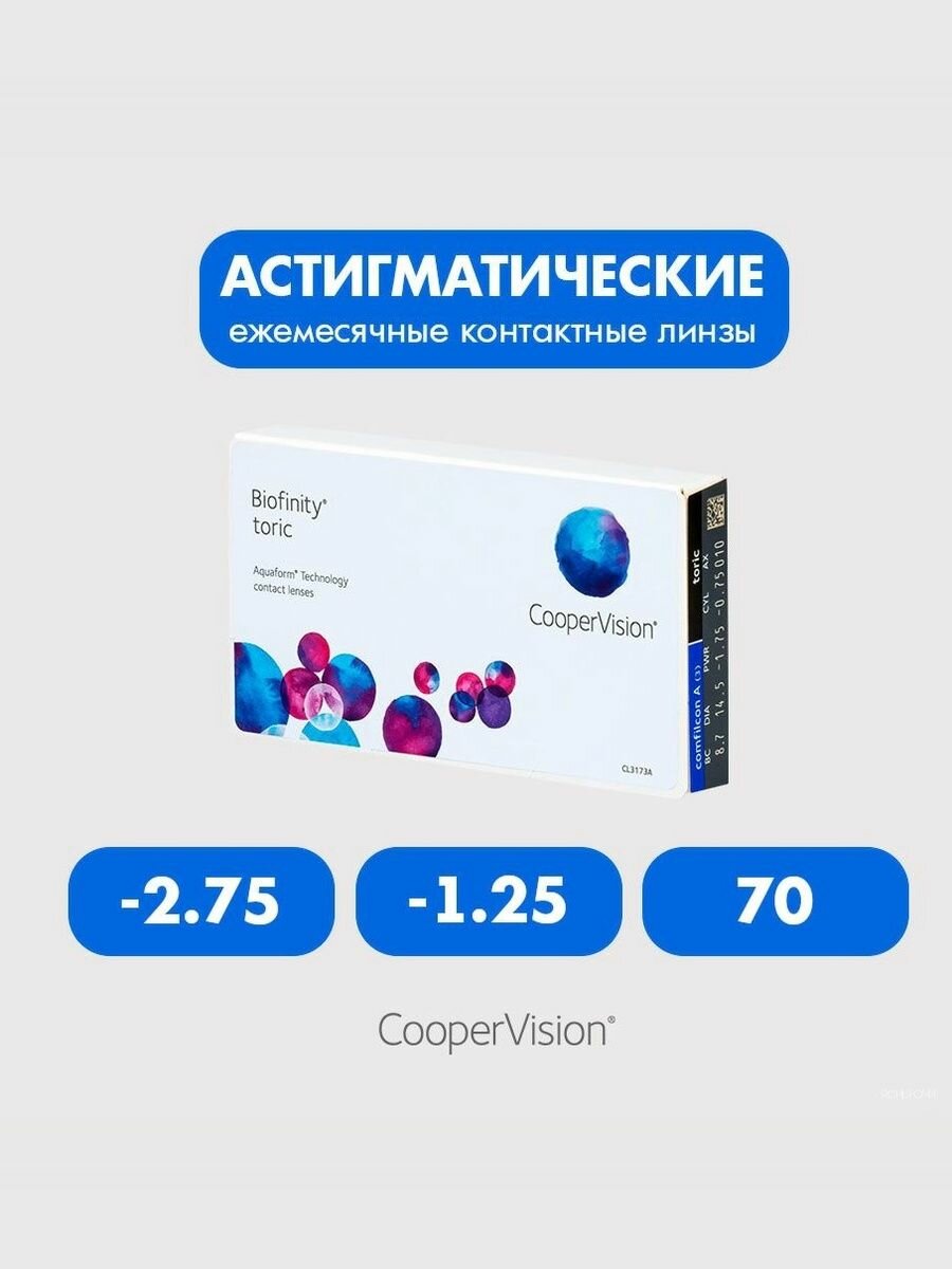 Biofinity Toric (3 линзы) -2.75 -1.25 70 Линзы контактные мягкие плановой замены