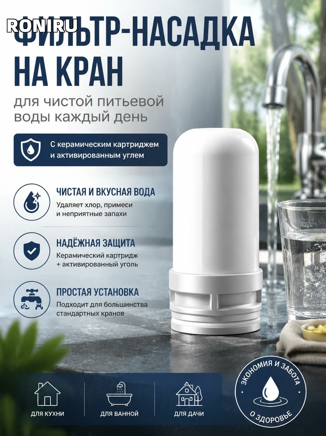 Фильтр-насадка на кран с керамическим картриджем и активированным углем для питьевой воды для кухни, ванной и дачи