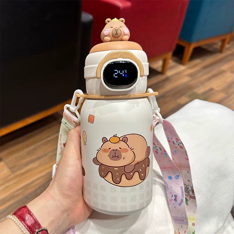 Умная детская водяная бутылка из нержавеющей стали с индикатором температуры, трубочкой и двойным способом питья, 500