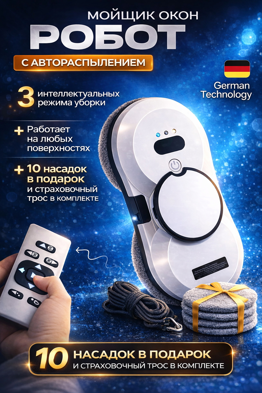 Робот мойщик окон, мощный, для окон и стекол, 3 режима уборки, белый