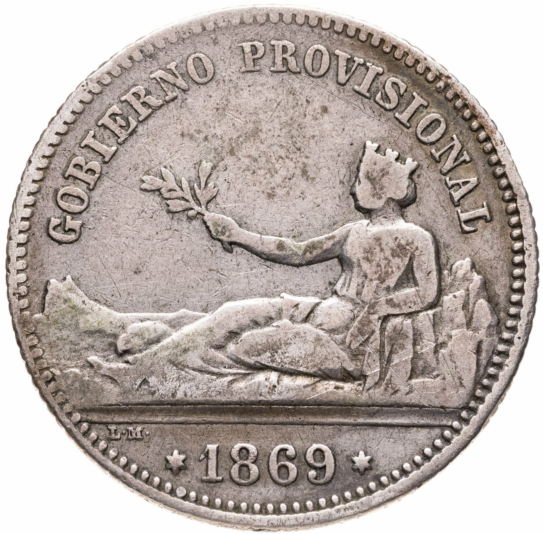 Испания 1 песета peseta 1869 GOBIERNO PROVISIONNAL, Серебро 835, в сохранности VF