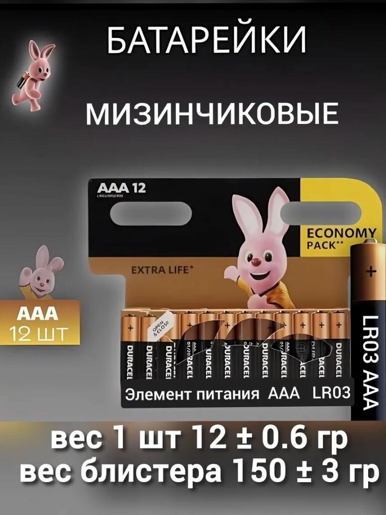 Батарейки ААА мизинчиковые алкалиновые (щелочные), AAA, 12 шт/уп.