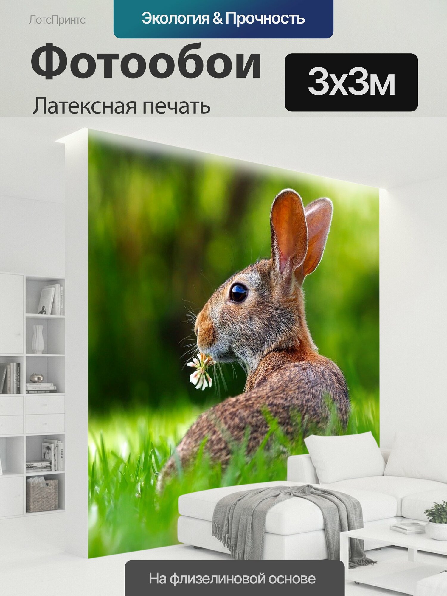 Фотообои моющиеся ударопрочные "Кролик, заяц, трава" 300x300 см. латексная печать