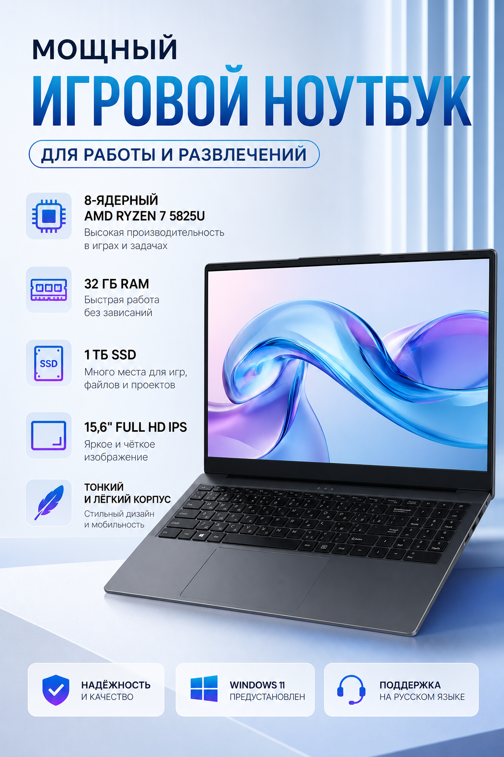 Игровой ноутбук 15.6" Ryzen 7 , 32GB RAM, SSD 1TB, Radeon 680M, IPS FHD, Windows 11 Pro, мощный ноутбук для работы и игр