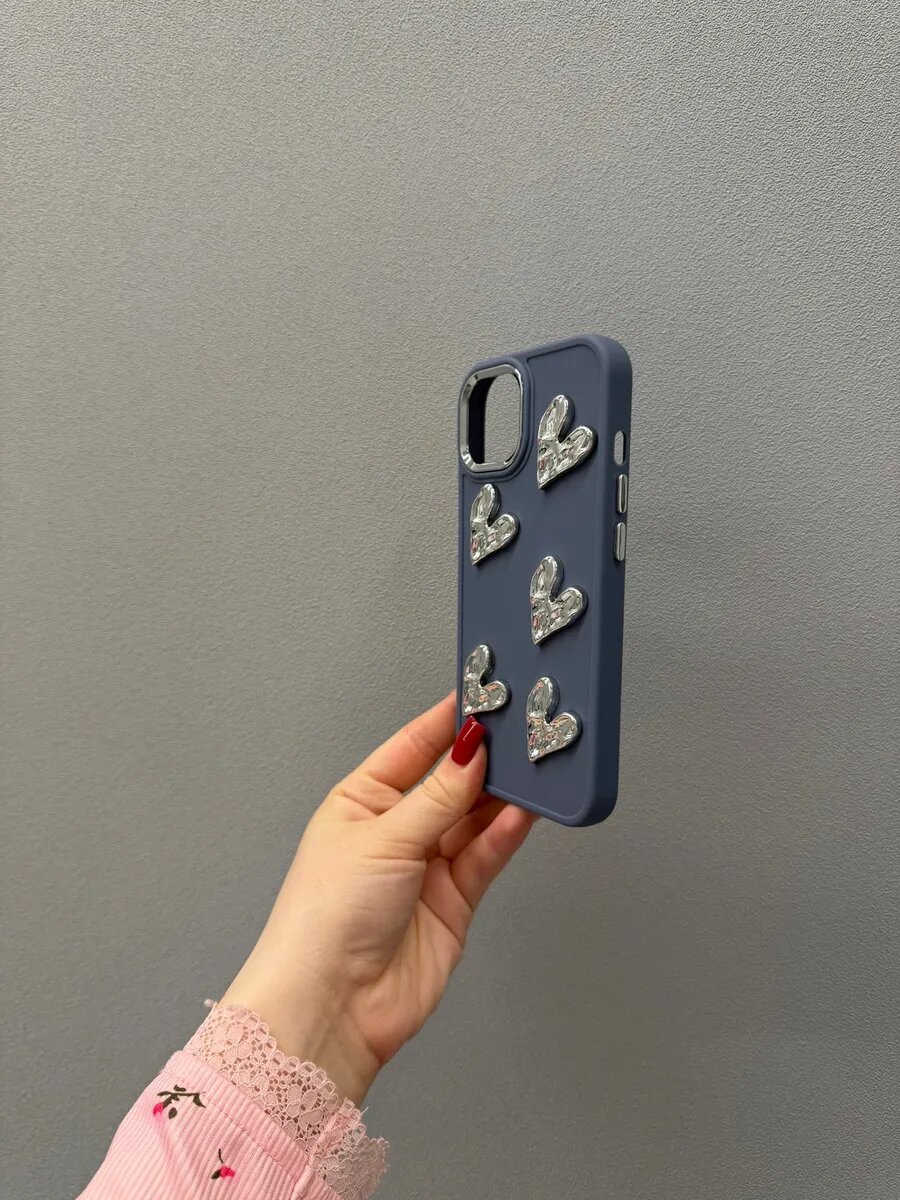 Чехол, для iPhone 15, "Сердца", синий, поддержка беспроводной зарядки — фото 1