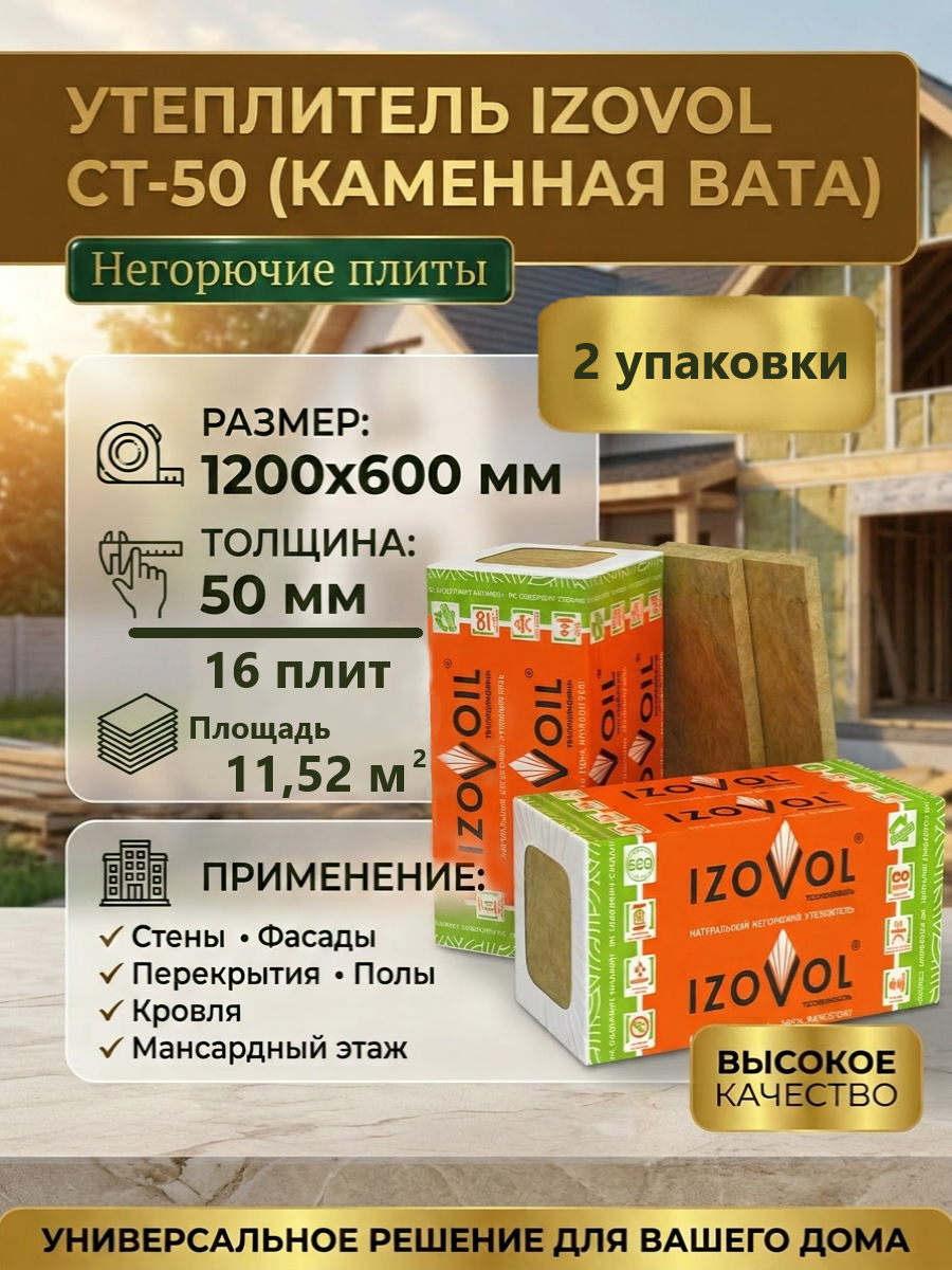 Утеплитель минеральная вата изовол Ст-50, 2 упаковки, 50мм