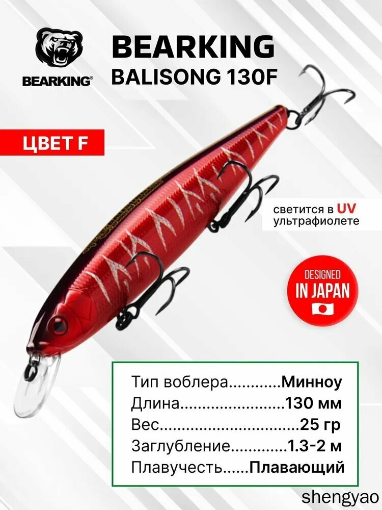 Воблер BearKing Balisong 130F. Цвет F/Fire Tiger/(светится в UV). Длина 130мм, вес 25 грамм, заглубление от 1,3 до 2 метров, плавающий, с шумовым эффектом. Для рыбалки на щуку. Подарок рыбаку.