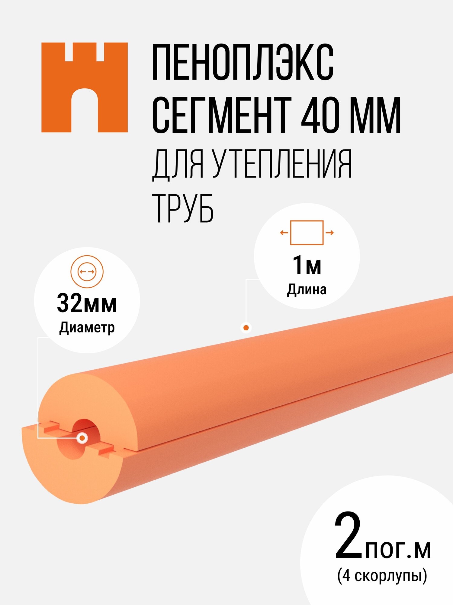 Утеплитель пеноплэкс для труб диаметром 32мм, скорлупа XPS 40мм, 2 пог. м, 4 скорлупы