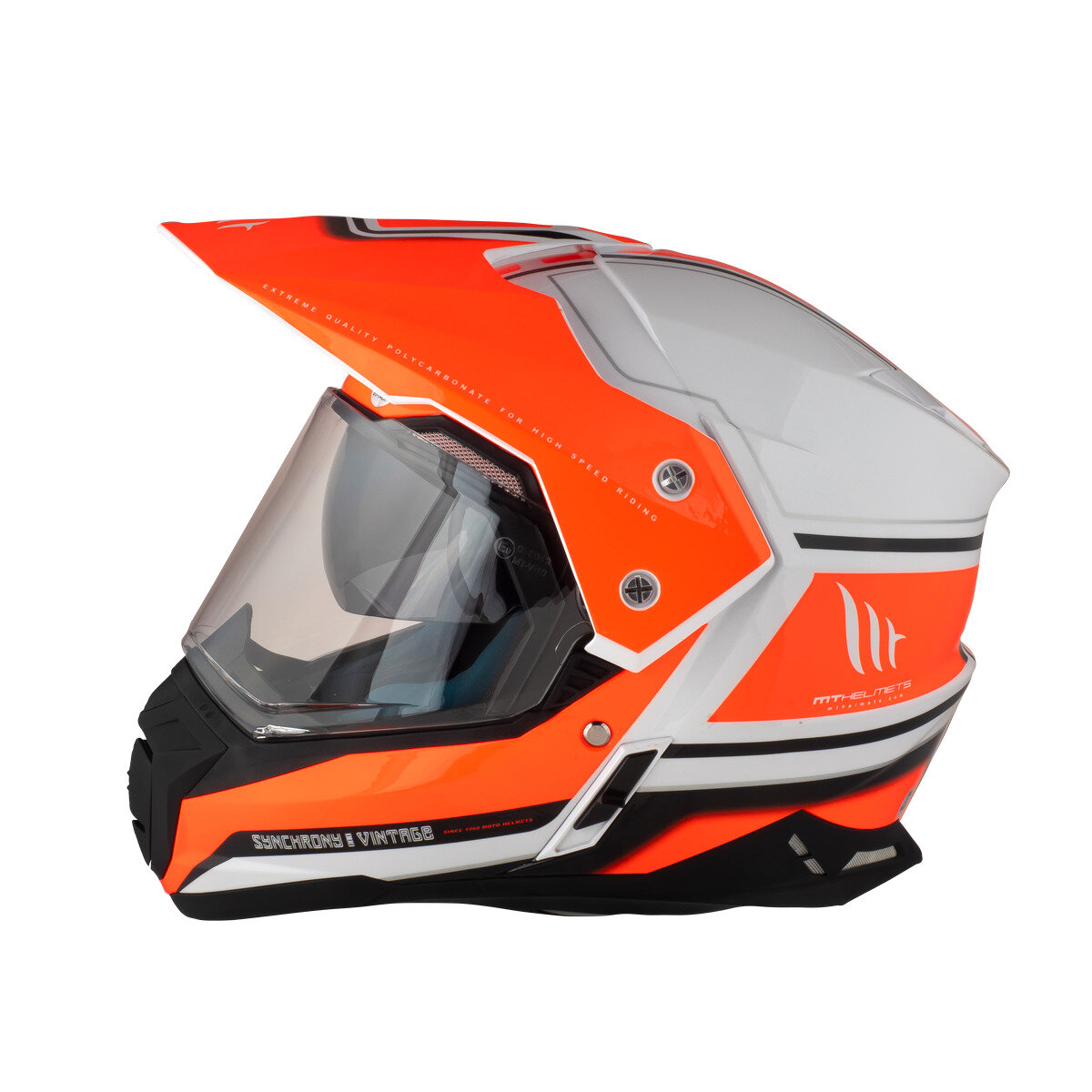 Кроссовый шлем для мотоцикла эндуро с визором MT SYNCHRONY Duo Sport Vintage (S, Gloss Pearl White Orange Fluor)