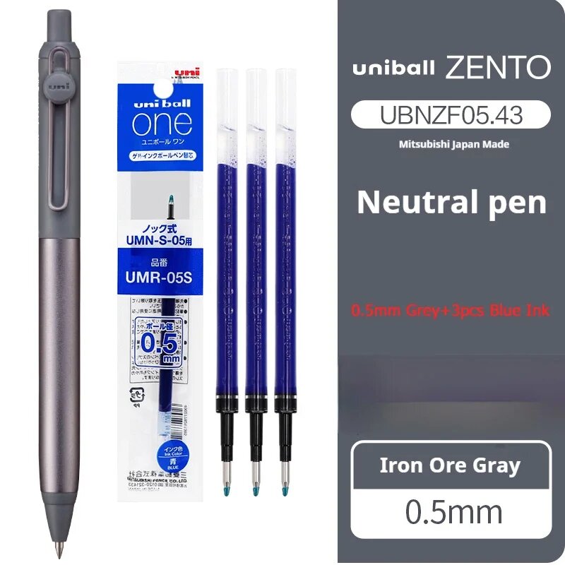 Uniball Zento Iron Ore Gray 0.5mm, 3 Blue Ink
