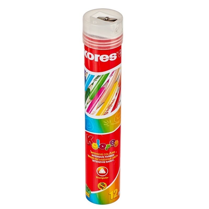 Карандаши цветные Kores 12 цветов, 3 грани, точилка, тубус (93313)