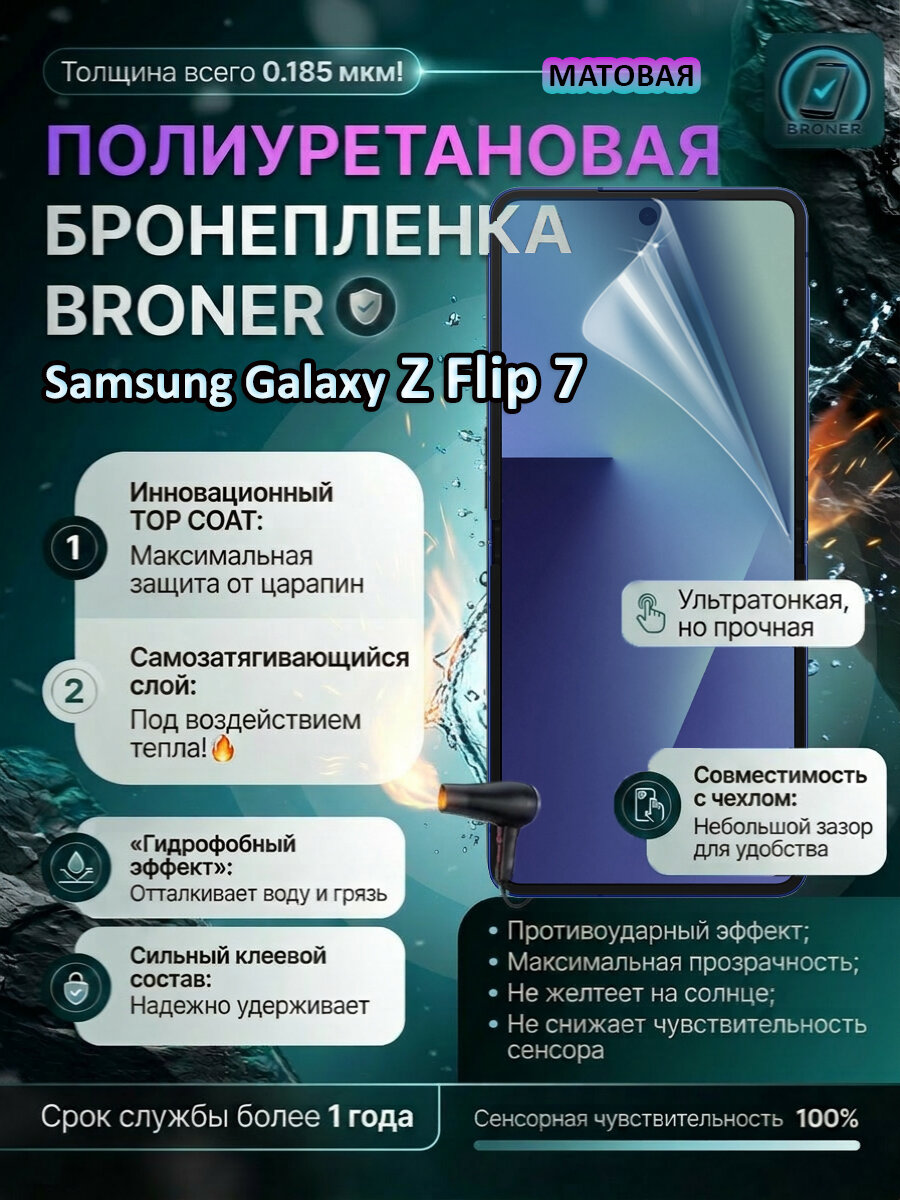 Полиуретановая бронепленка для Samsung Galaxy Z Flip 7 / Защитная плёнка на экран, совместима с чехлом, с вырезом под камеру / Матовая