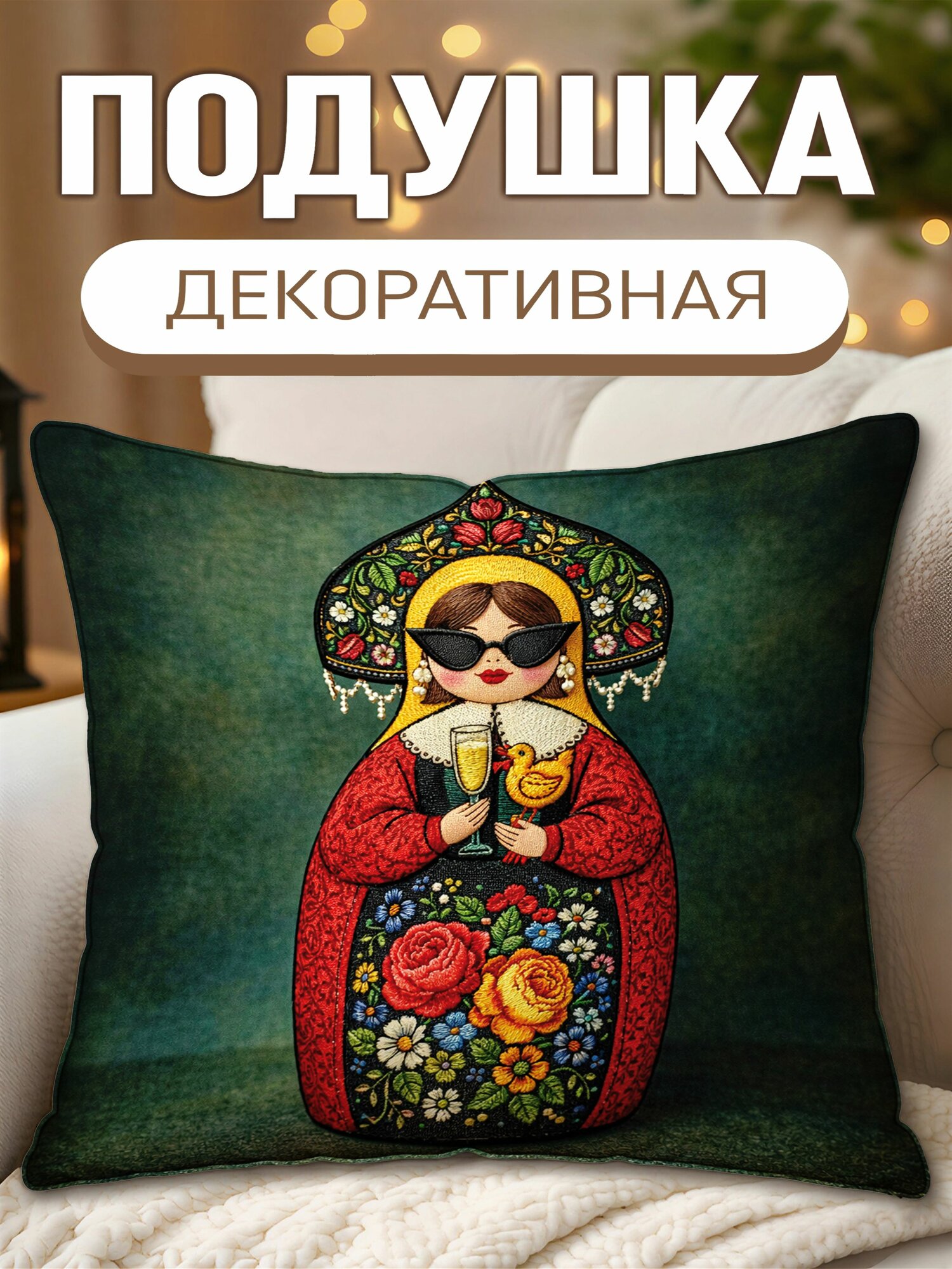 Подушка декоративная с принтом Вязаная Матрешка Роспись, размеры 40 х 40 см, 1 шт.
