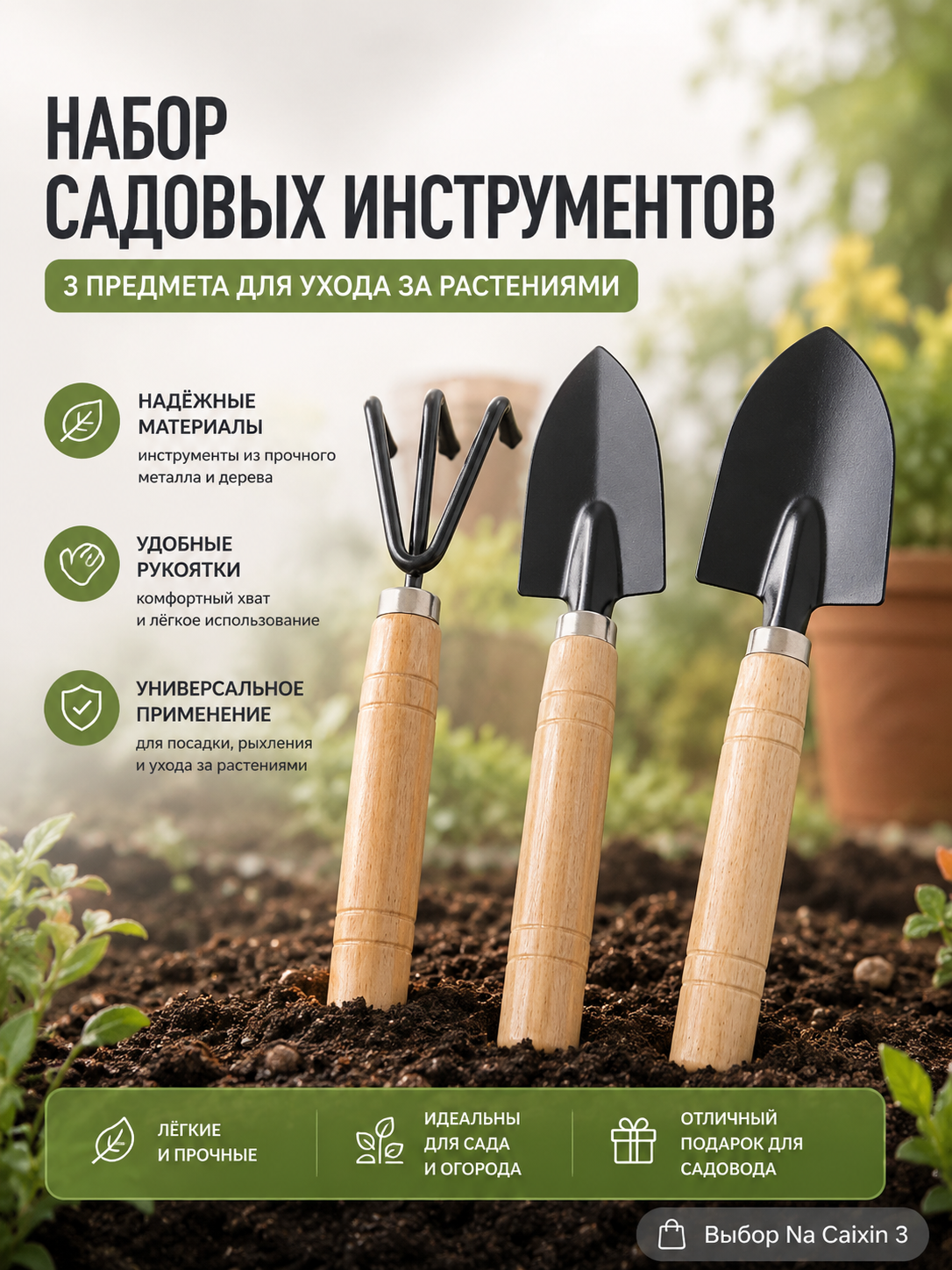 Набор садовых инструментов, нескользящая рукоятка, металлический, дуб, цвет слоновой кости, 3 шт