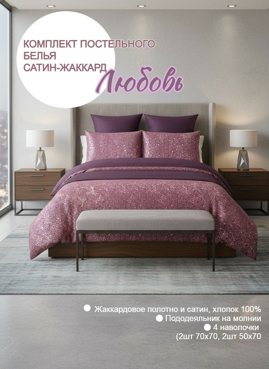 Комплект постельного белья, 2-спальный с евро простыней, 4 наволочки. Компаньон: жаккард и сатин 100% хлопок.