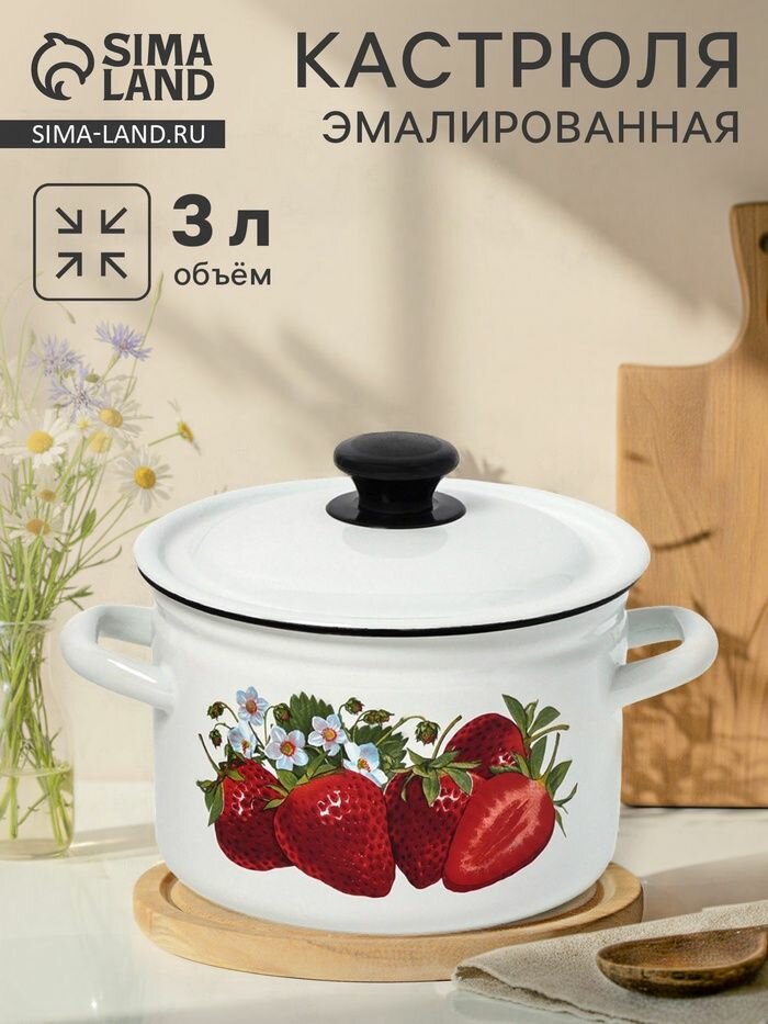 Кастрюля эмалированная, 3 л, d 19.2 см, с крышкой, белая