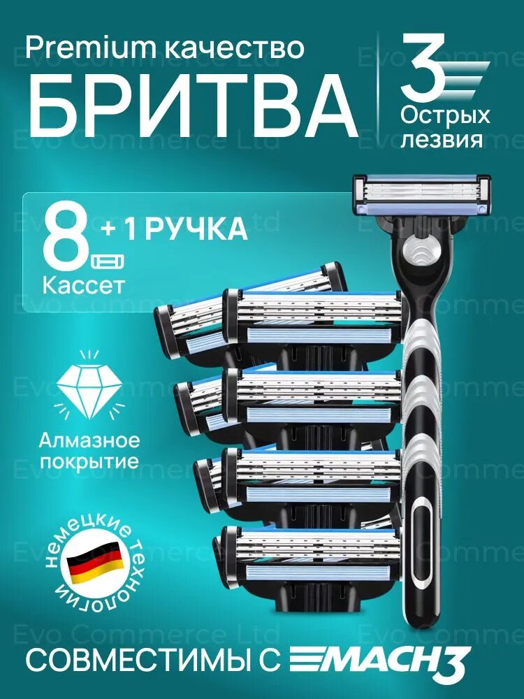 Набор: Многоразовый мужской станок, 8 кассет, с 3 лезвиями