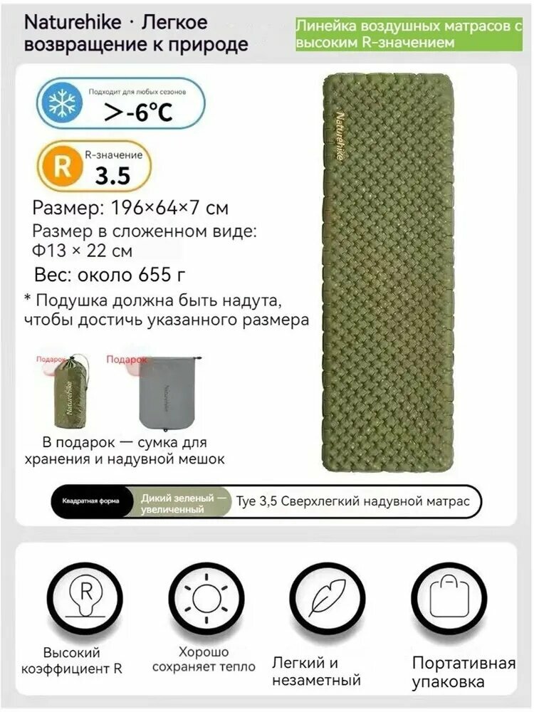 Naturehike Кемпинговый сверхлегкий надувной коврик CNH22DZ018