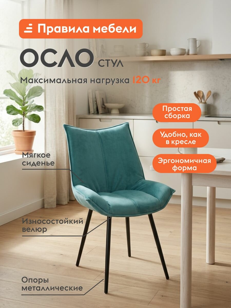 Стул для кухни Осло с мягким сиденьем, без подлокотников, 63х58х90 см, Бирюзовый, велюр / Черный, металл