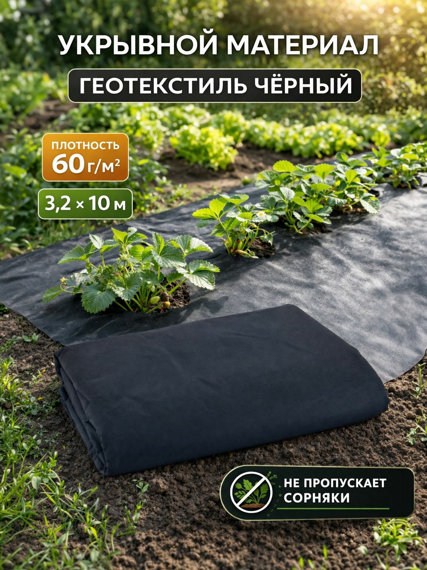 Спанбонд №60г на м2 (3.2м*10м) Укрывной материал геотекстиль для дорожек, грядок, пруда, фундамента, ландшафта Черный, УФ-защита
