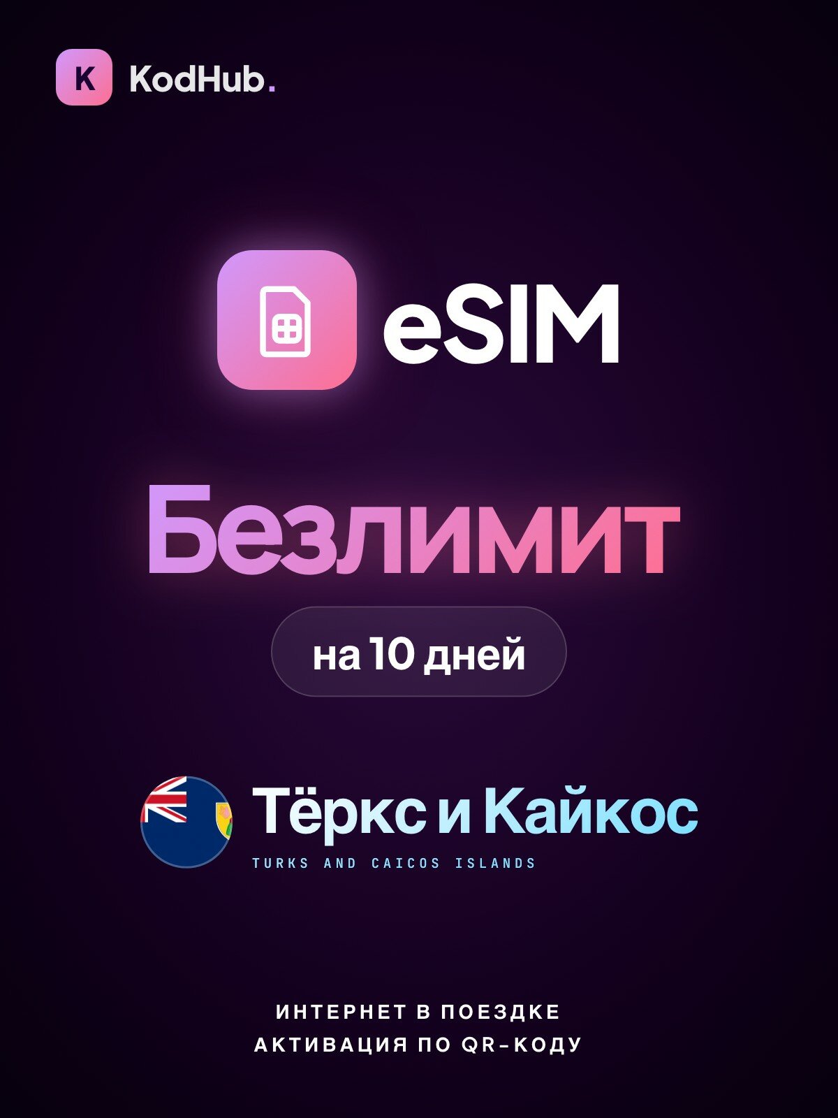 Туристическая eSIM Тёркс и Кайкос безлимит на 10 дней | интернет в поездке, связь за границей | QR-код активации
