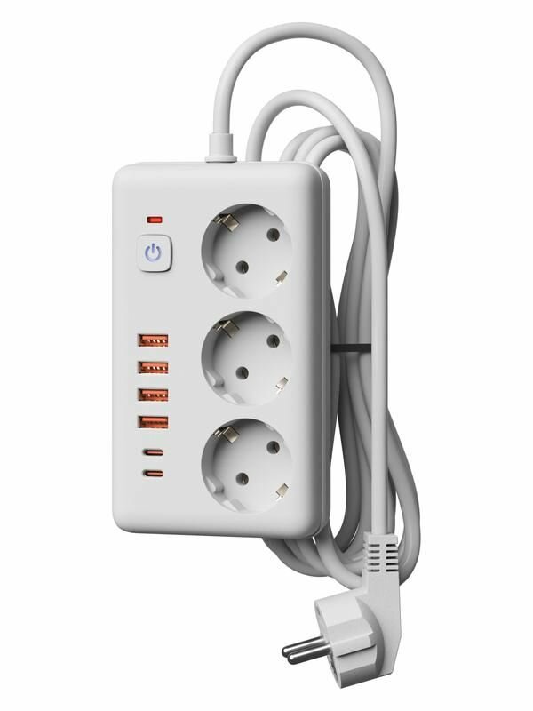 Удлинитель с сетевым фильтром 3х1.5м 10А 4USB + 2USBC 2500Вт ПВС 3х1 прямоуг. бел. Космос FKsm1.5m-3gPF(W)USB