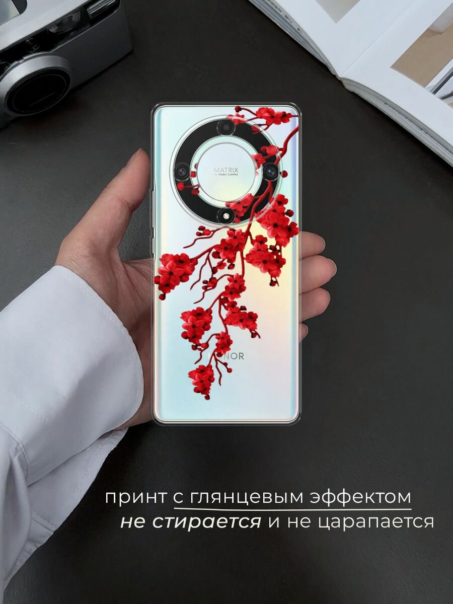 Силиконовый чехол на Honor X9A / Хонор X9A с принтом Красная веточка сакуры — фото 1