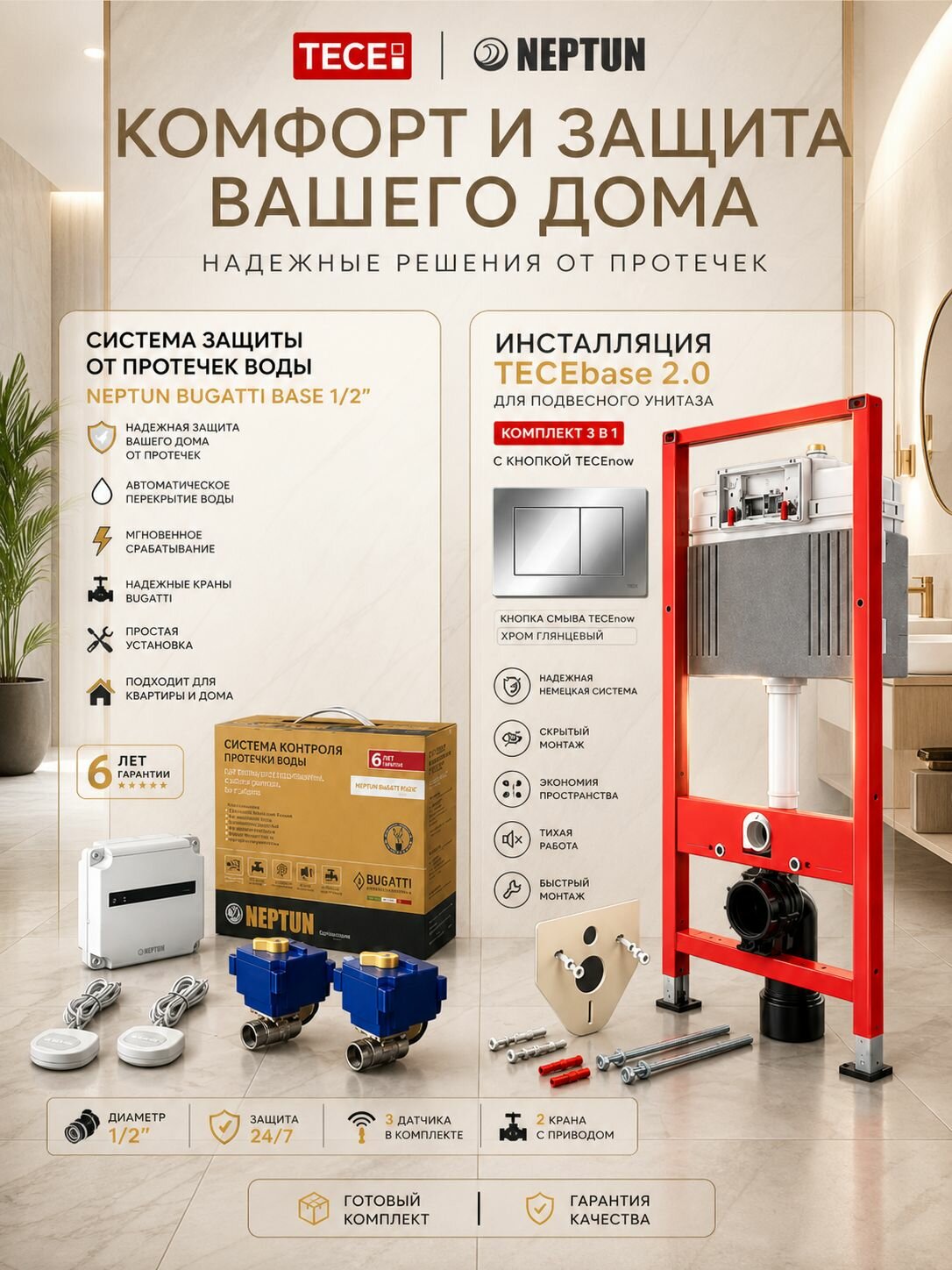TECEbase 2.0 Модуль в комплекте с панелью смыва TECEnow хром глянц.+NEPTUN Система Bugatti Base 1/2