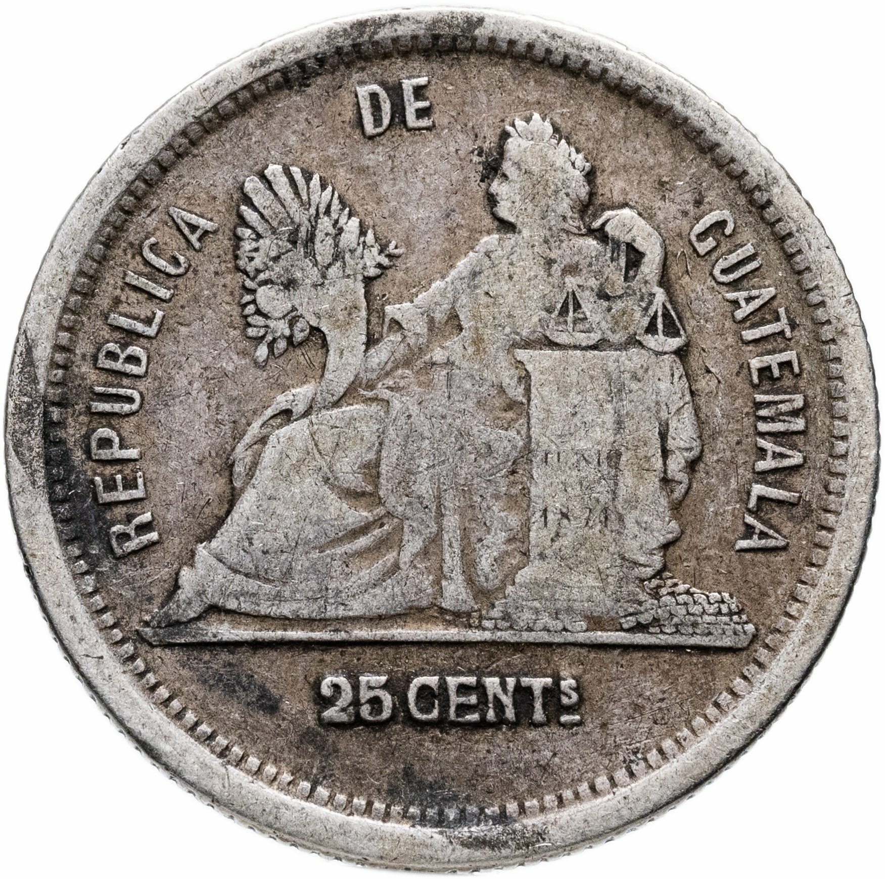 Гватемала 25 сентаво 1881, Серебро 835, в сохранности VF