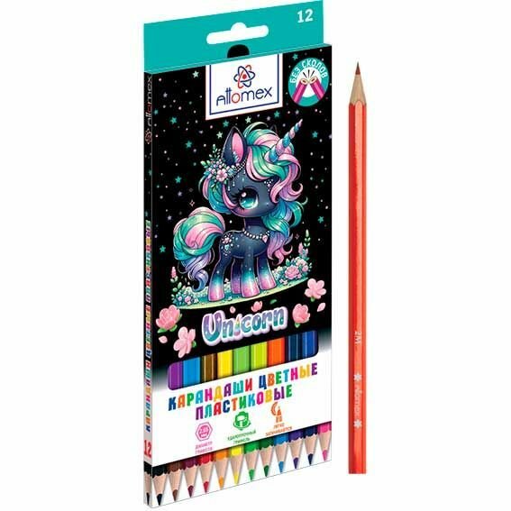 Карандаши цветные пластиковые 12цв ATTOMEX "Unicorn" 5022631 шестигранные, М, грифель 2,65мм, картонная коробка