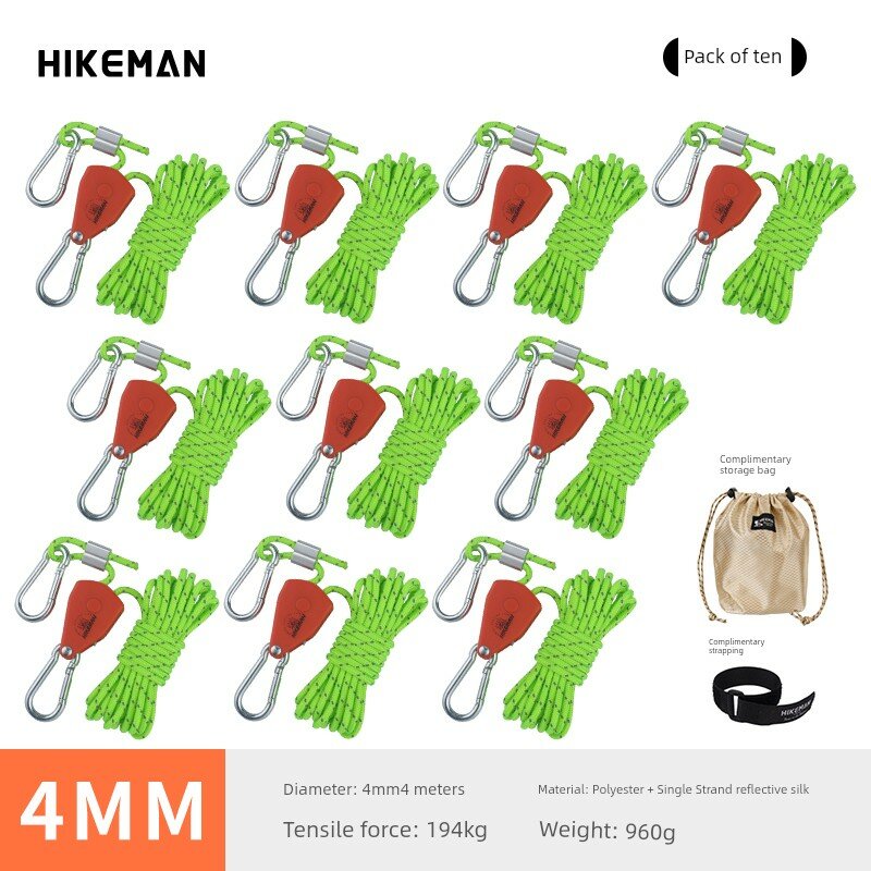 HIKEMAN 4 мм нейлоновая веревка 4 м для кемпинга, регулируемый ветровой натяжитель, 10 шт. в зеленом цвете, легкий