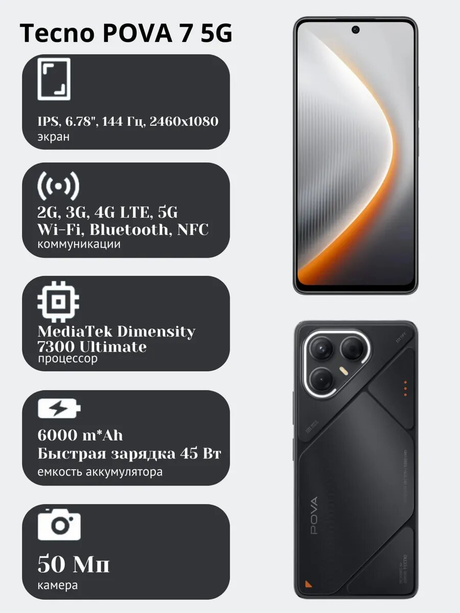 Смартфон Tecno POVA 7 5G 8 ГБ/128 ГБ Черный Ростест, NFC, экран 6.78", Android 15