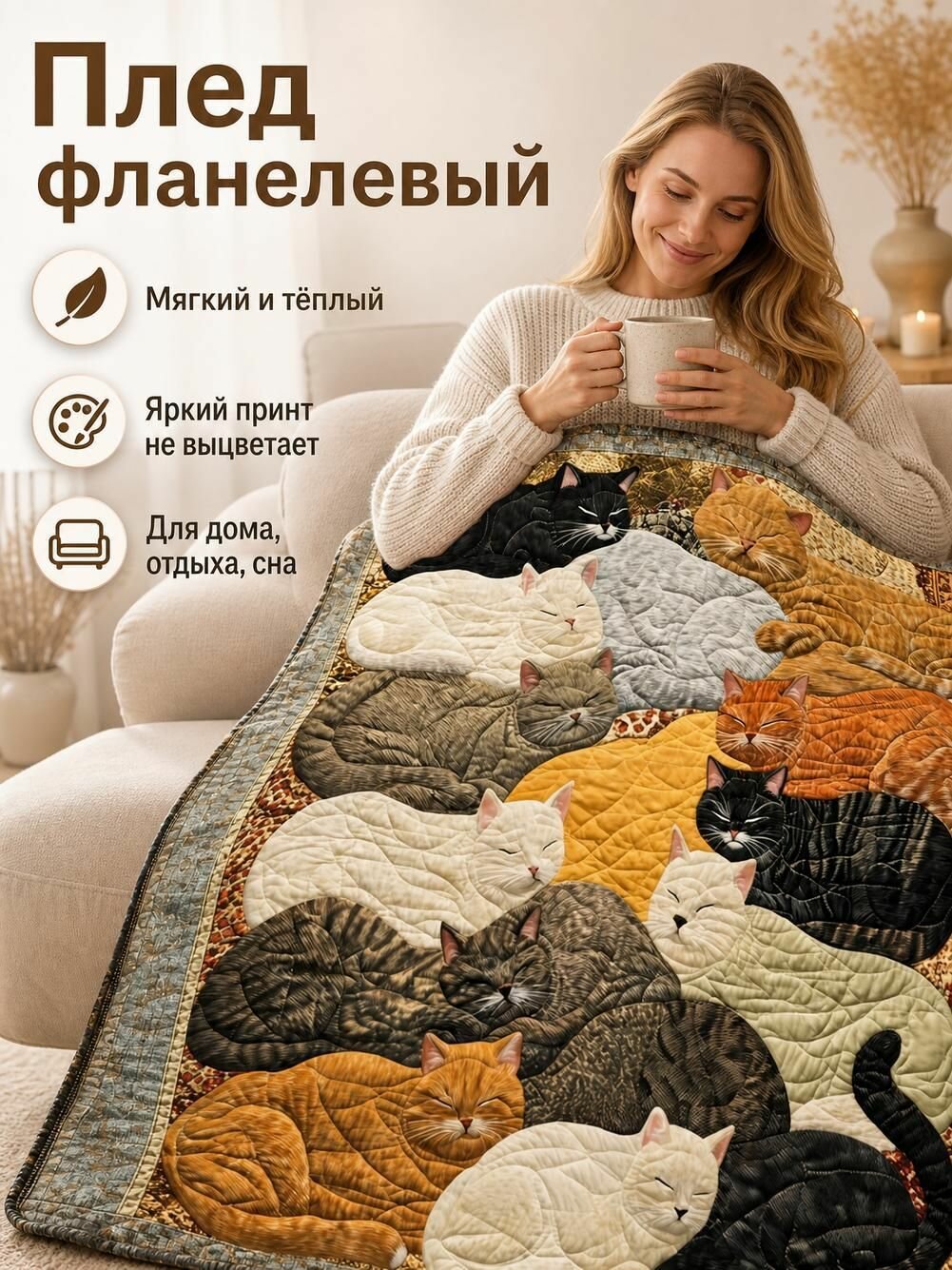 Фланелевая тёплая плед с принтом