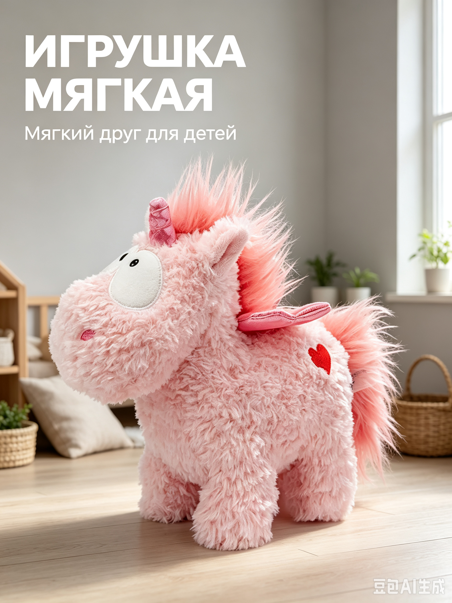 Плюшевая игрушка, единорог, розовый, размер 32 см, с крыльями и сердечком