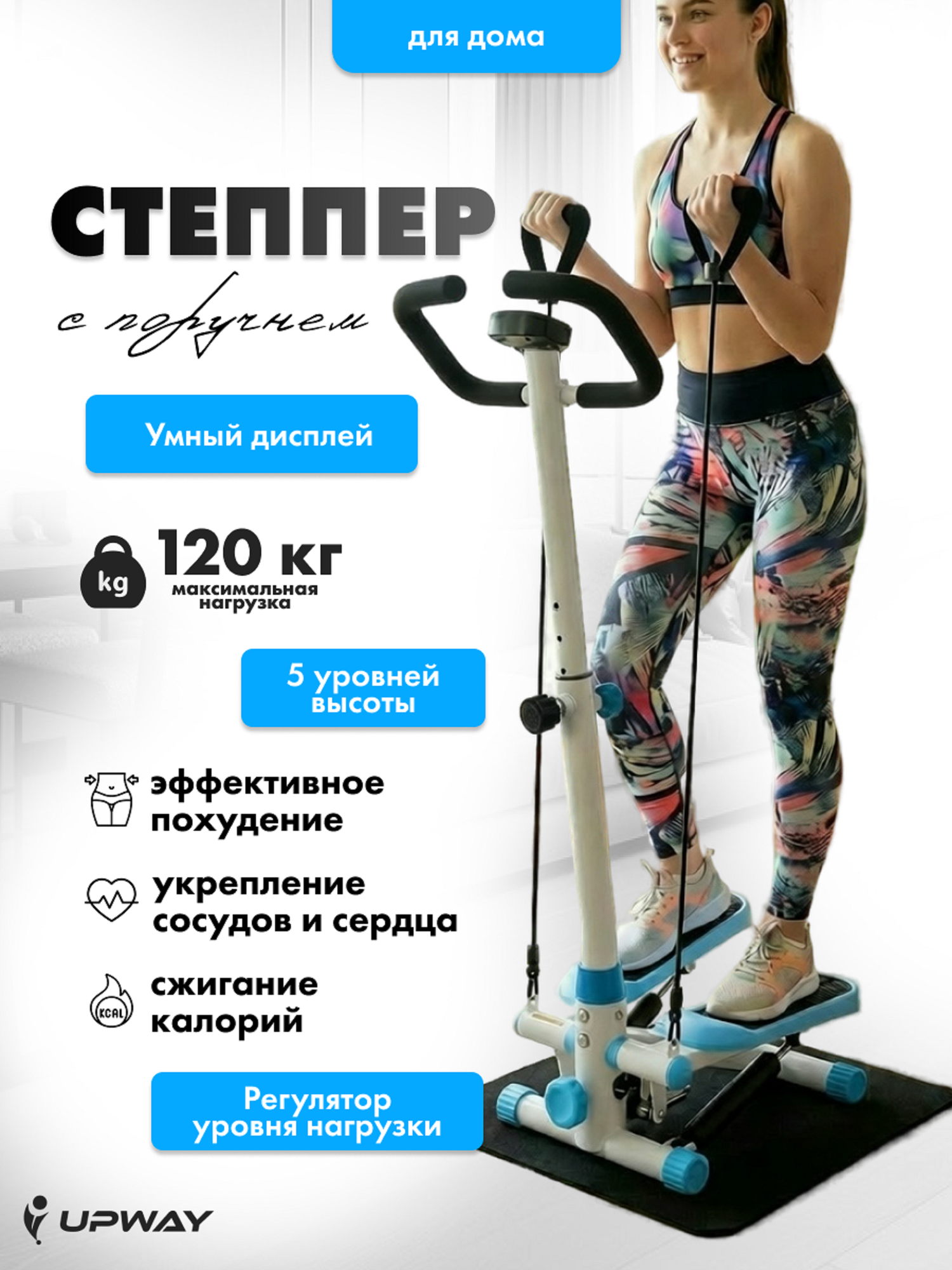 Степпер тренажер для похудения ног и ягодиц, с поручнем, эспандерами и ковриком, гидравлическая нагрузка, на 120 кг