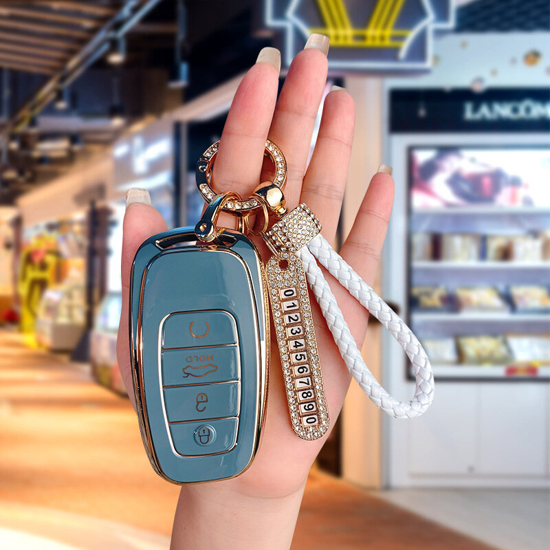 Гонги светло-серый чехол для ключа автомобиля с белым диамантным ремнем и золотым номерным знаком
